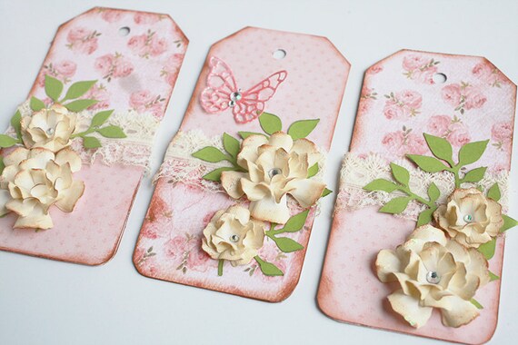 Handmade Rose Tag Set of 3 Perfect for Scrapbook by oldladybern