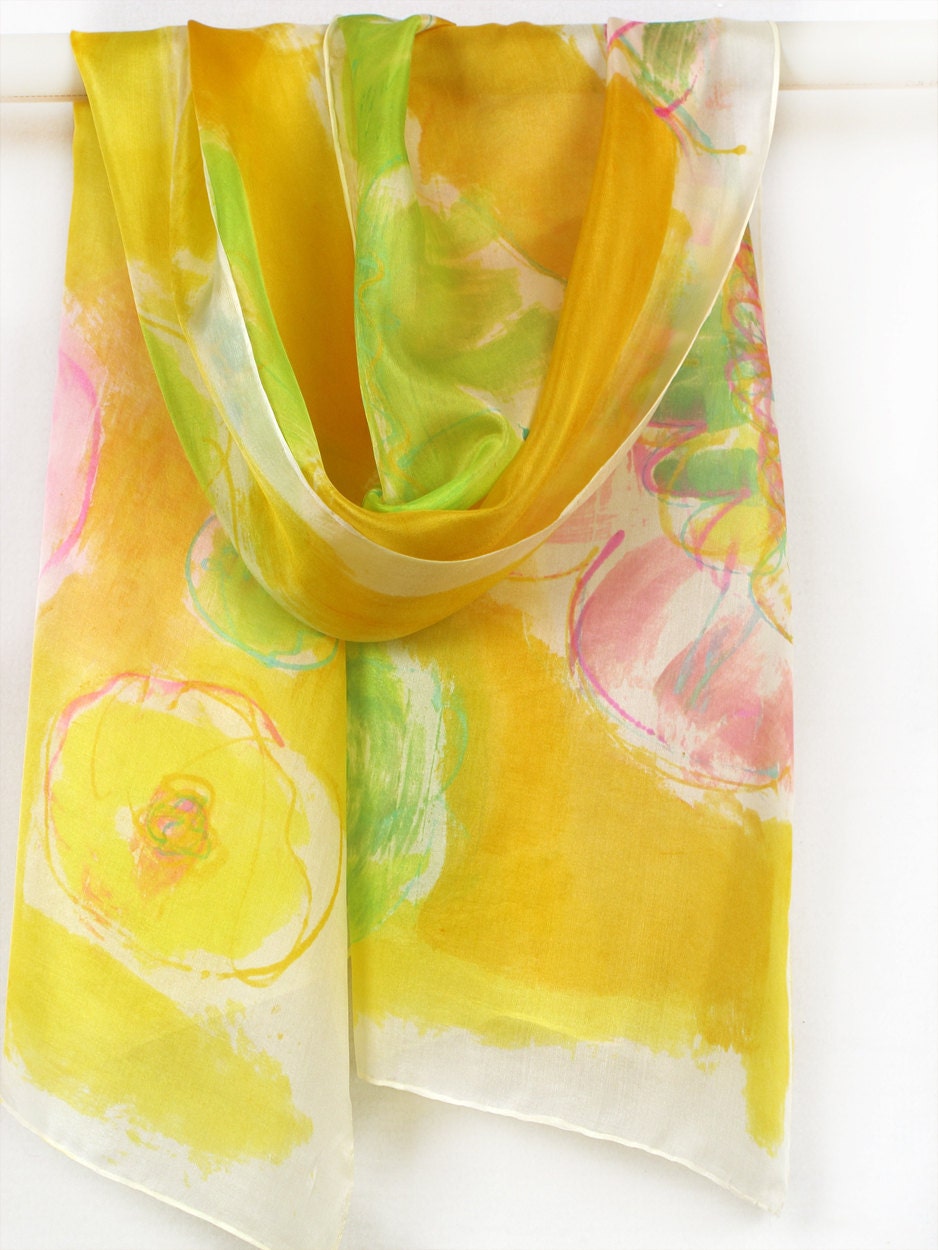 Hand painted silk scarf Lemon Juice /Floral silk scarf/ Bright
