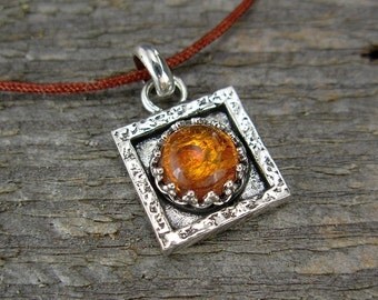 Amber Necklace - Tiny Square Amber Pendant in Sterling Silver - Baltic ...