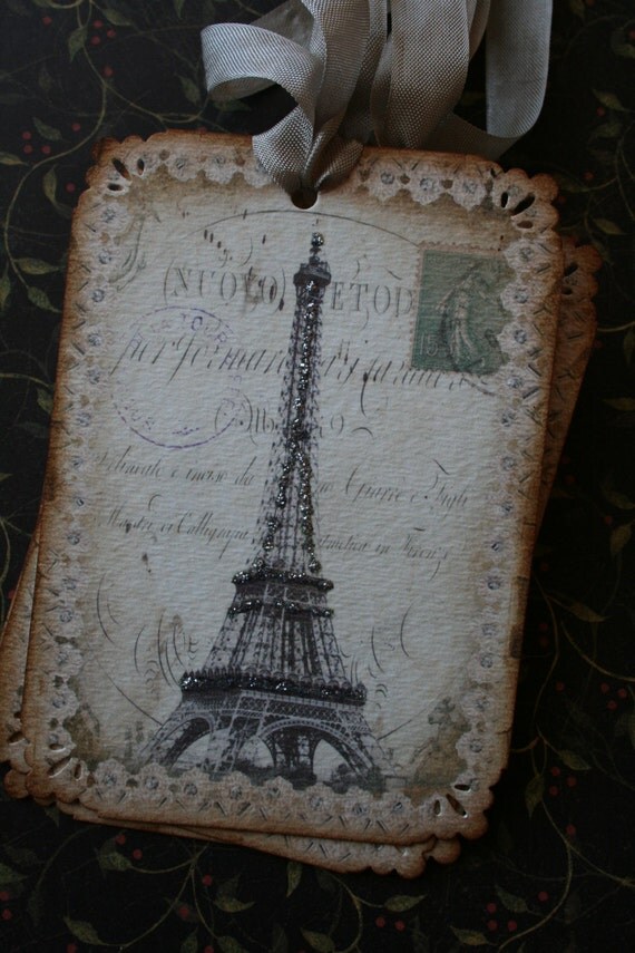 4 Eiffel Tower tags with German Glitter / 5 x 3