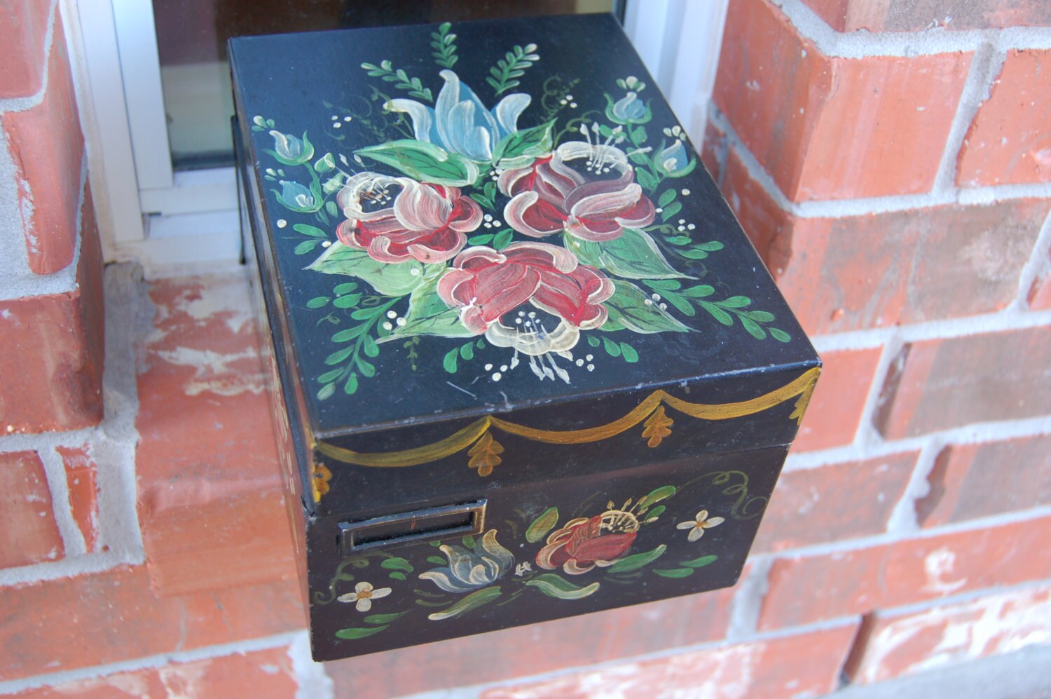 Fabulous Hand Painted Floral Tole on Vintage Steelmaster Card Cabinet ...