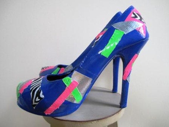 80s High Heels Upcycled Shoes Platform Graphic Neon Rocker