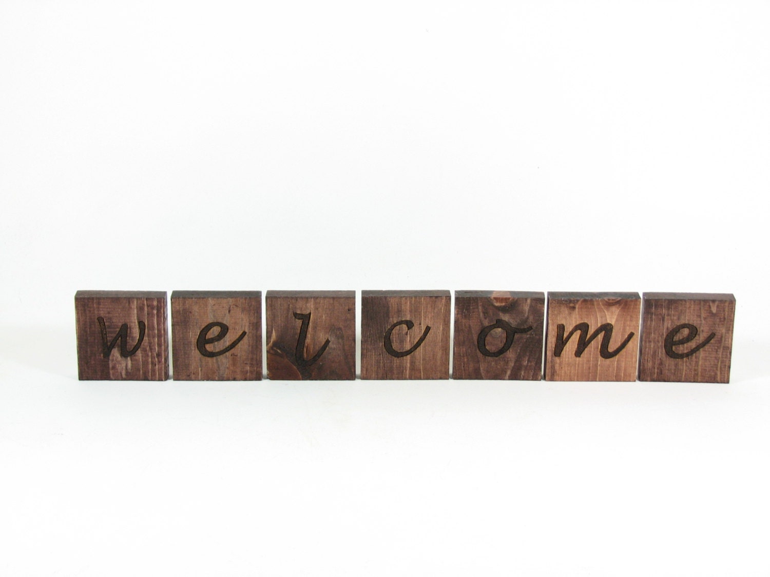 Wood Welcome Sign Letter Blocks Wood Burned 3.5 x 3.5 Natural