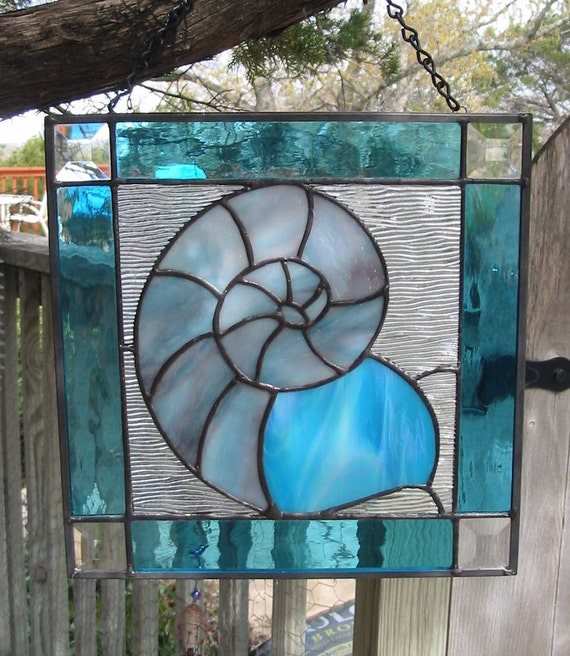 Items Similar To Stained Glass Art Sea Shell Panelsuncatcher Nautilus Free Shipping On Etsy
