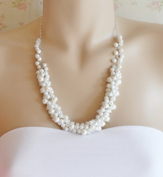 White Cluster Pearl Necklace Pearl Necklace Bridal Jewelry