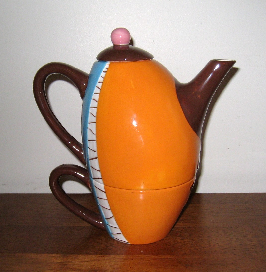 Bella Casa by Ganz TEA FOR ONE Teapot & Cup / Funky Pop Art