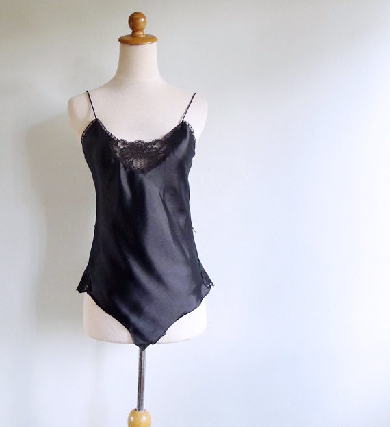 Vintage 80's Black Satin Lace Teddy Romper XS by fivestonesvintage