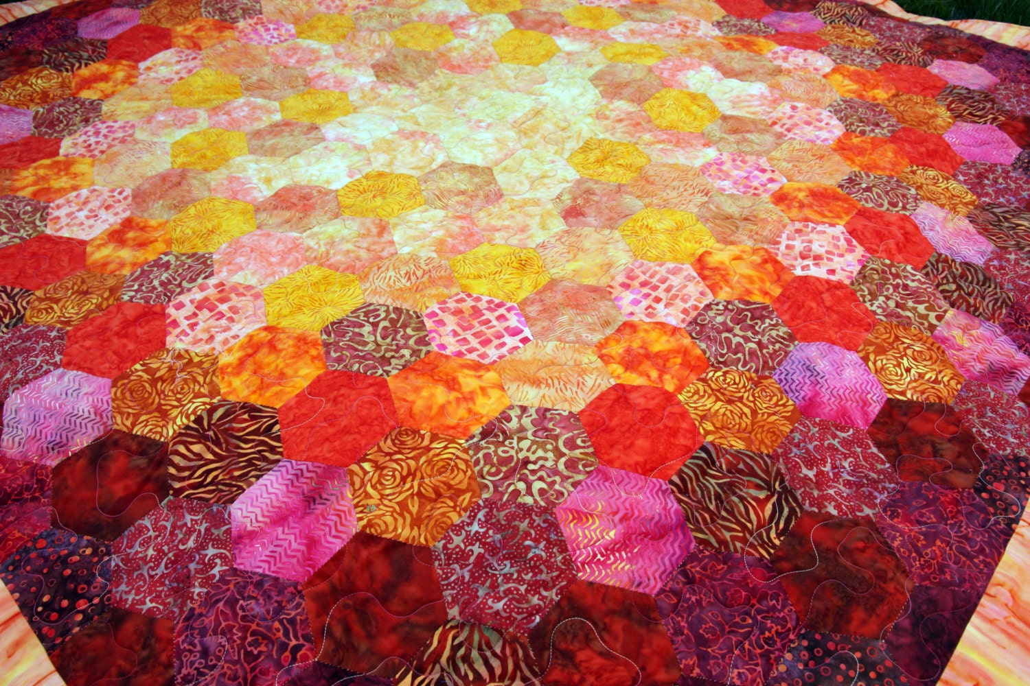 SALE Hexagon Batik Patchwork Quilt In to the Light Yellow