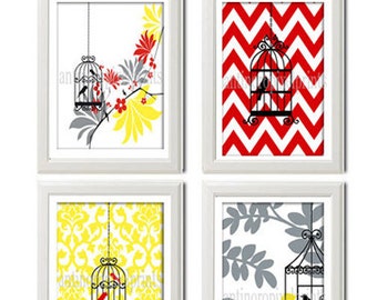 Items similar to Yellow Bird on Gray Chevron Pattern - 8x10 art print ...