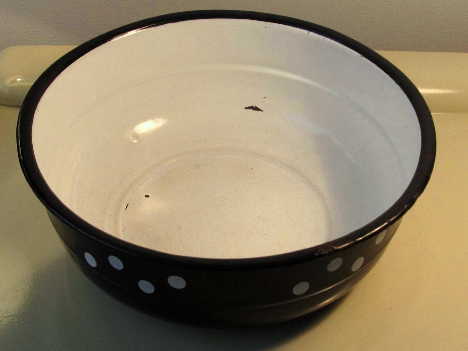 Vintage Enamel Bowl in Black color with White Dots