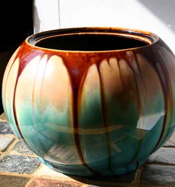 Radiant Vintage Belgium Drip Pottery Planter Bowl Vase Blue