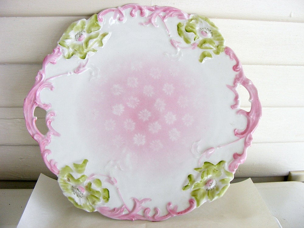 Vintage Serving Platter Poppies Ornate Handles Pink Green German ...