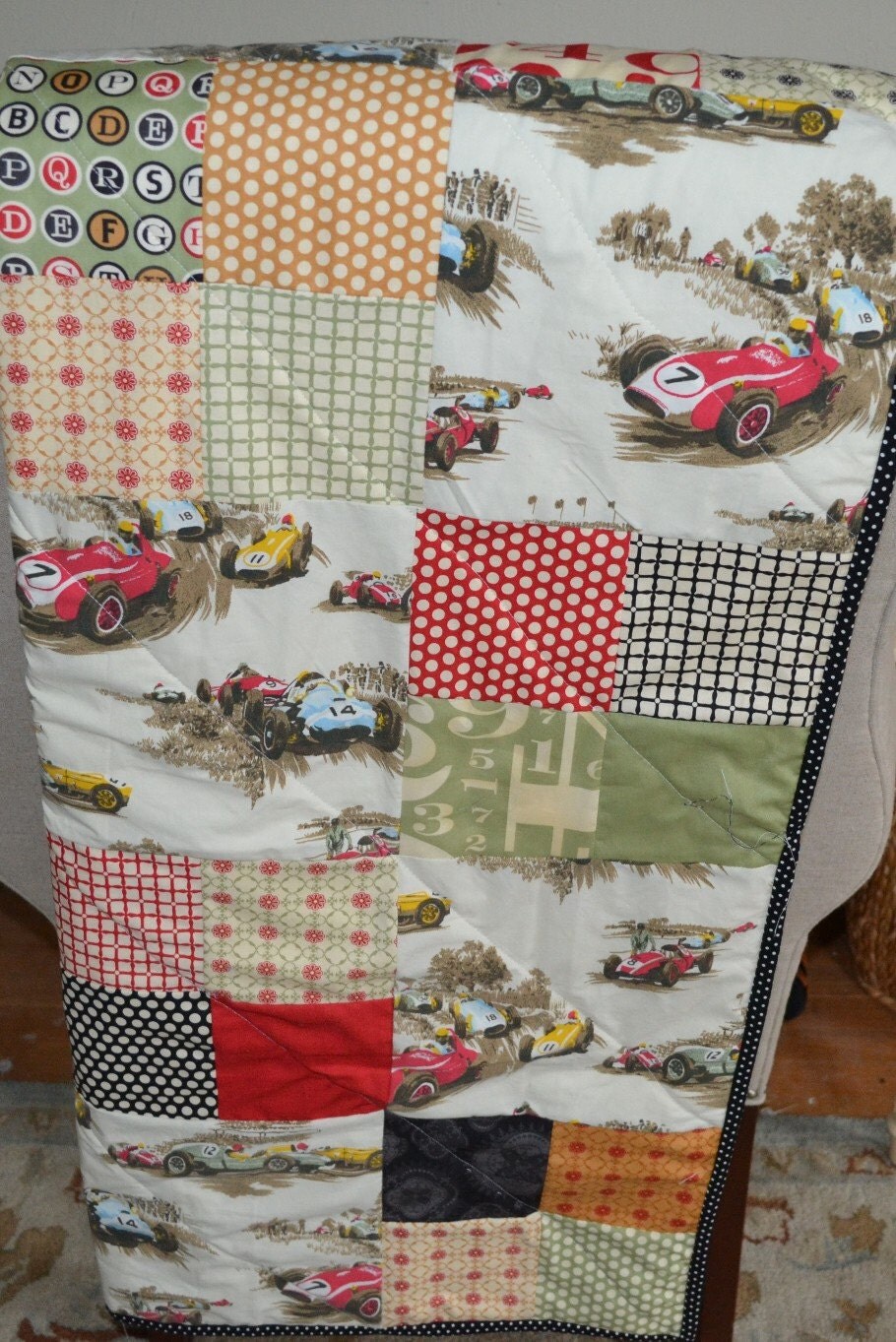 Vintage inspired race car quilt blanket