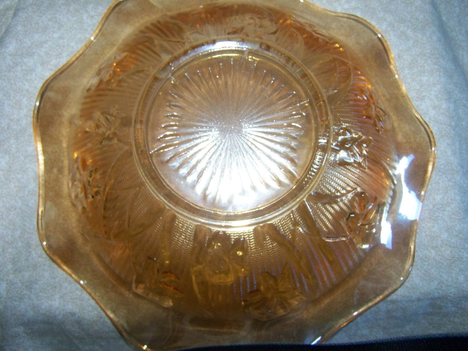 Vintage Amber Glass Bowl Iris Pattern