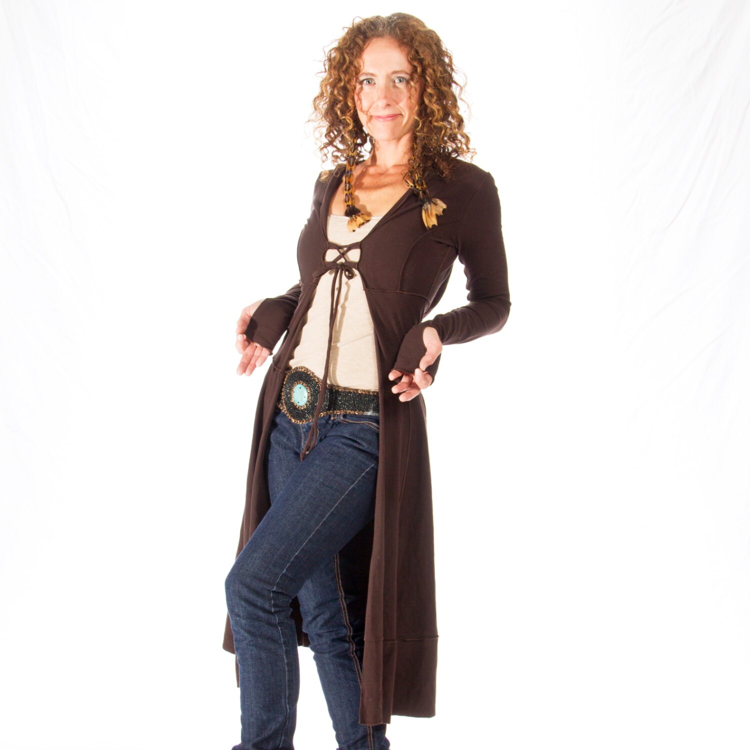 Sexy corset Long coat with thumbholes hood and corset lacing