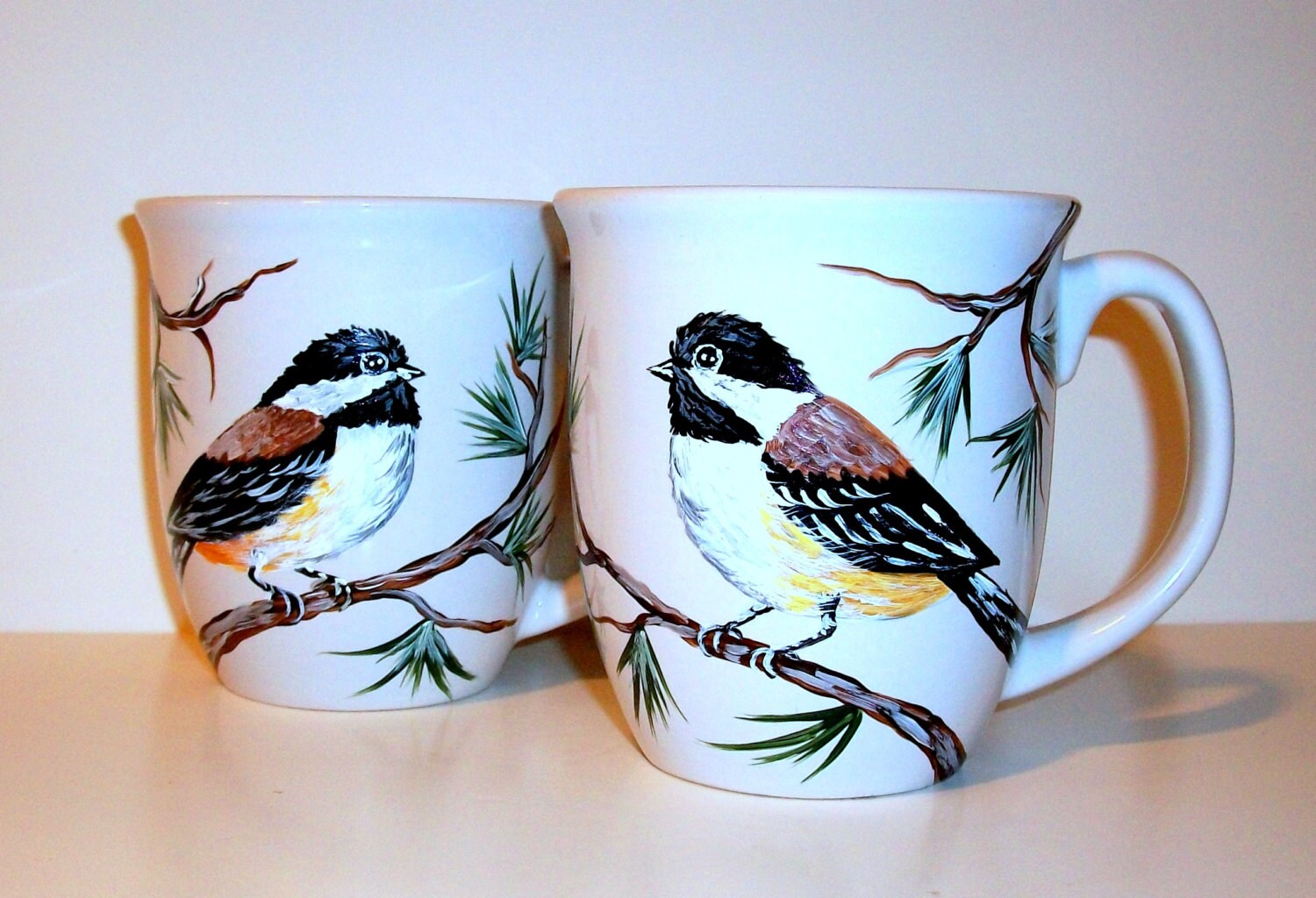 Hand Painted Cups Mugs Chickadees & Pine Needles Set of 2 / 14