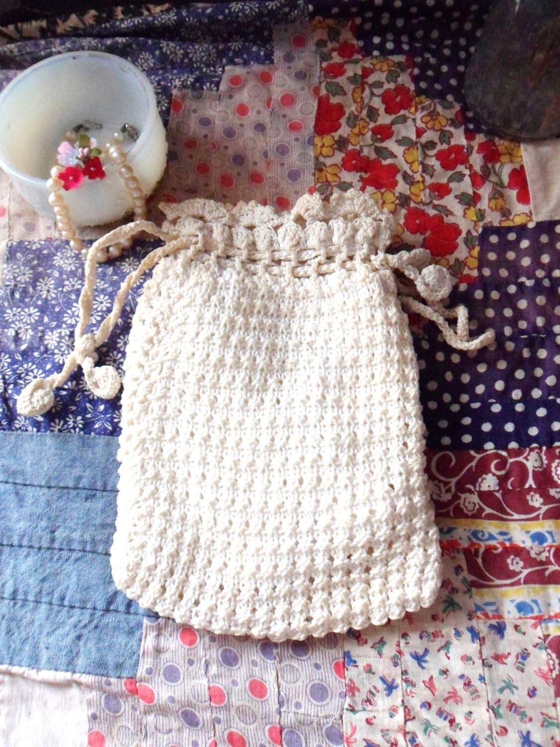 Crocheted Drawstring Bag, Muslin Lined Victorian Style Reticule Purse ...