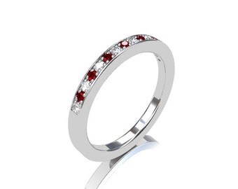 Ruby ring, diamond, white gold, half eternity, ruby wedding ring, micro ...