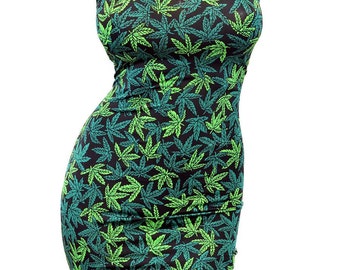 Pot Weed Marijuana Print Tank Style Bodycon Jersey Dress in Green Cannabis Print -E7058