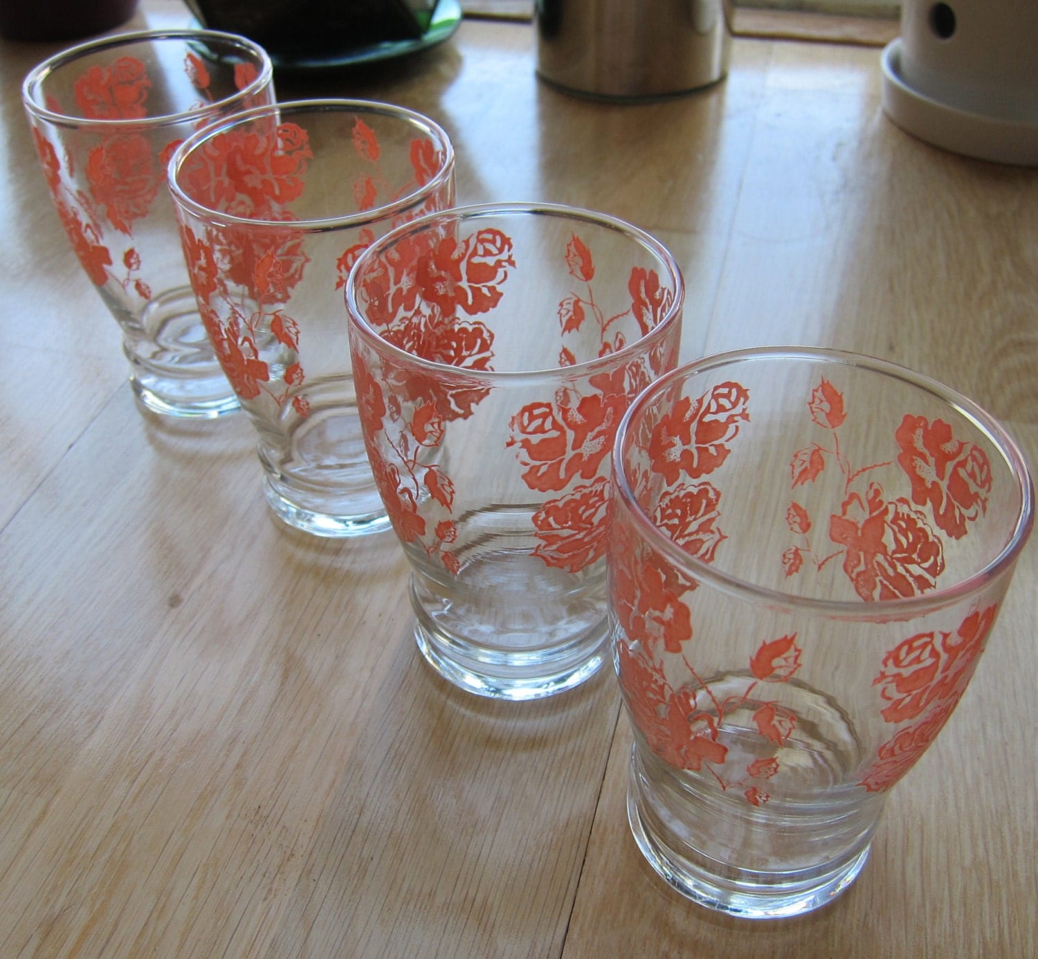 Vintage Pink Roses Tumbler Juice Glasses – Set of 4, Retro Kitchen ...