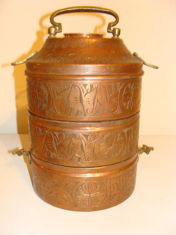Stunning Ornate Indian Dabba Vintage Copper Tiffin Lunch Box 3