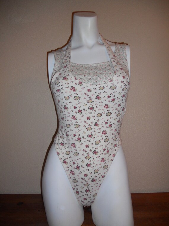Vintage 80s 90s Exercise Bodysuit Floral White
