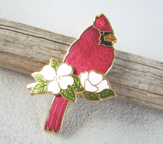 Vintage Cardinal Enamel Brooch Red Bird Pin by uncommonvintage