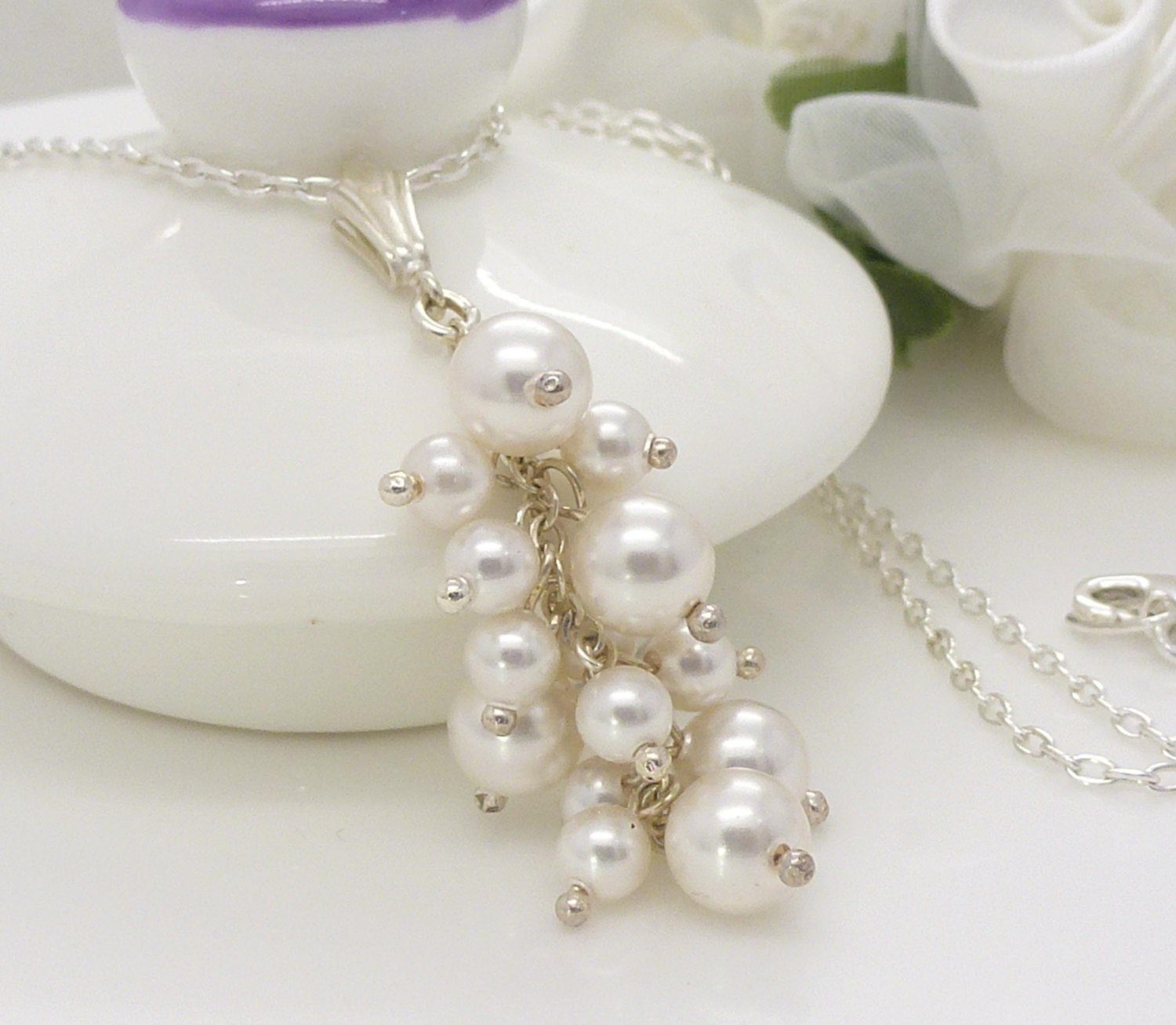 White Pearl Cluster Necklace Bridal White By Creativityjewellery