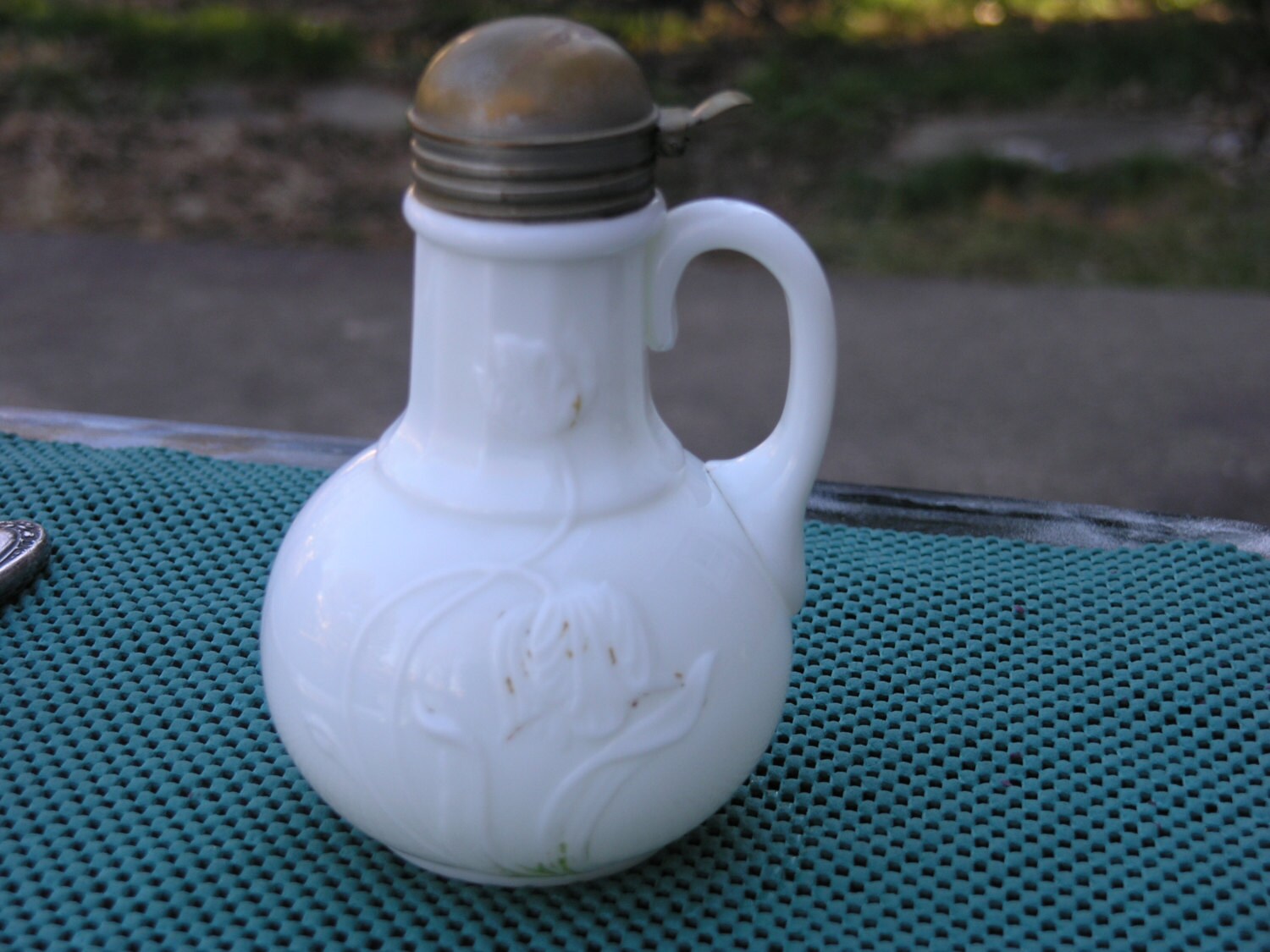 Antique Victorian Syrup Pitcher milk glass 1800s