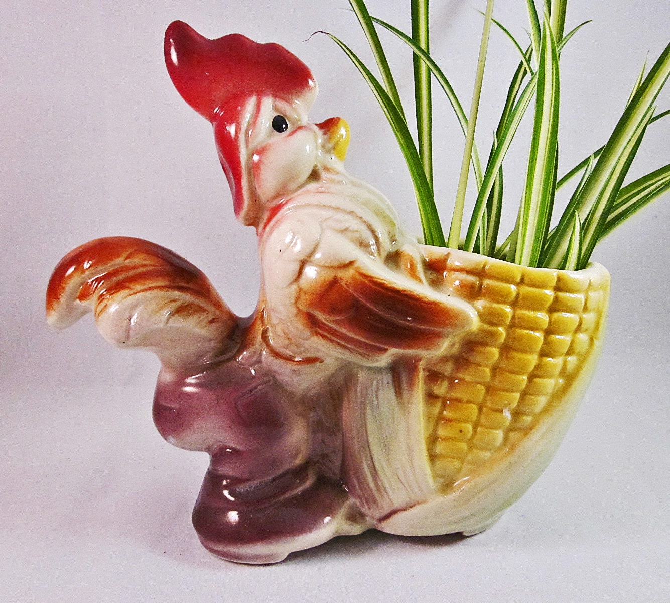 Vintage Figural Rooster Planter Chicken Kitchen Colorful