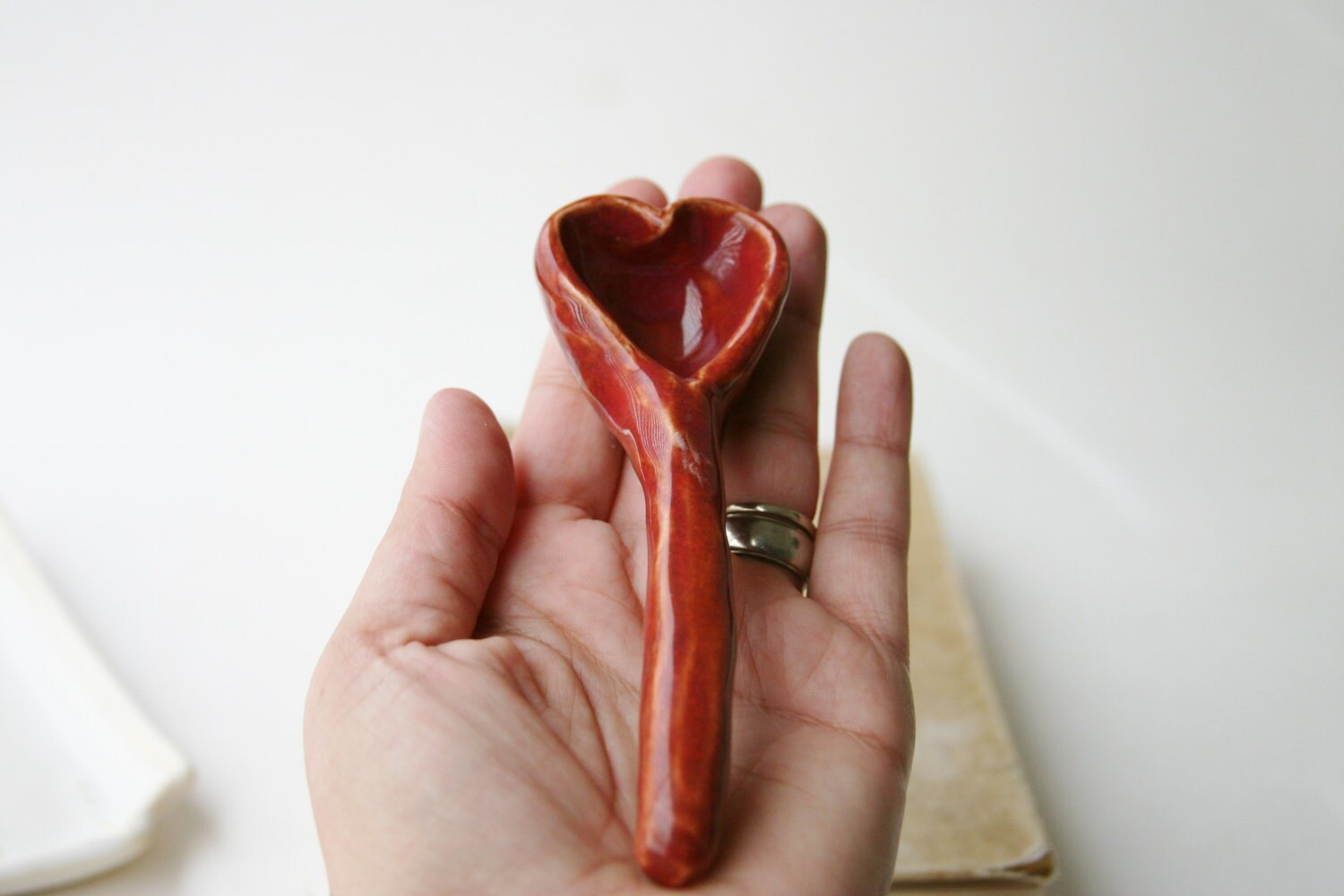 Ceramic Heart Spoon OOAK in Romantic Vintage Coral Bright
