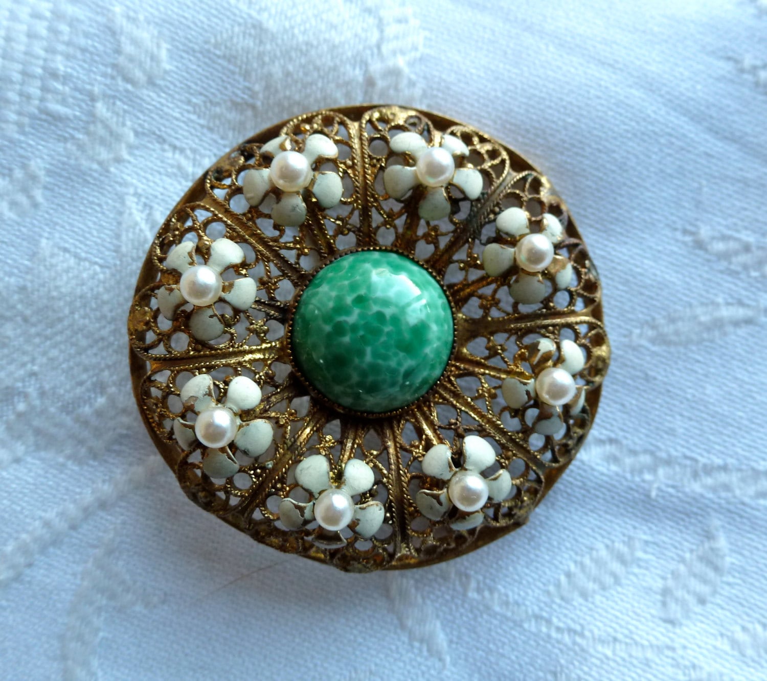 Vintage 1930s Filigree Brooch with Green Cabochon Glass, white enamel ...
