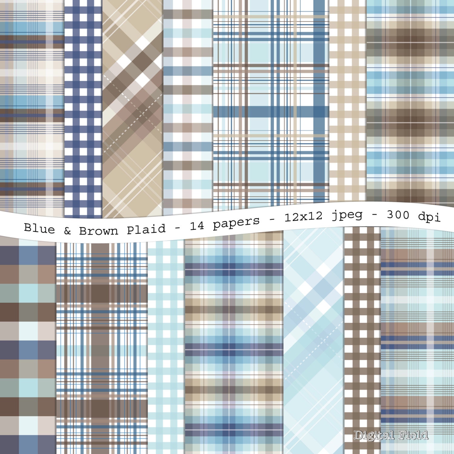 Blue and brown plaid digital scrapbooking paper pack 14