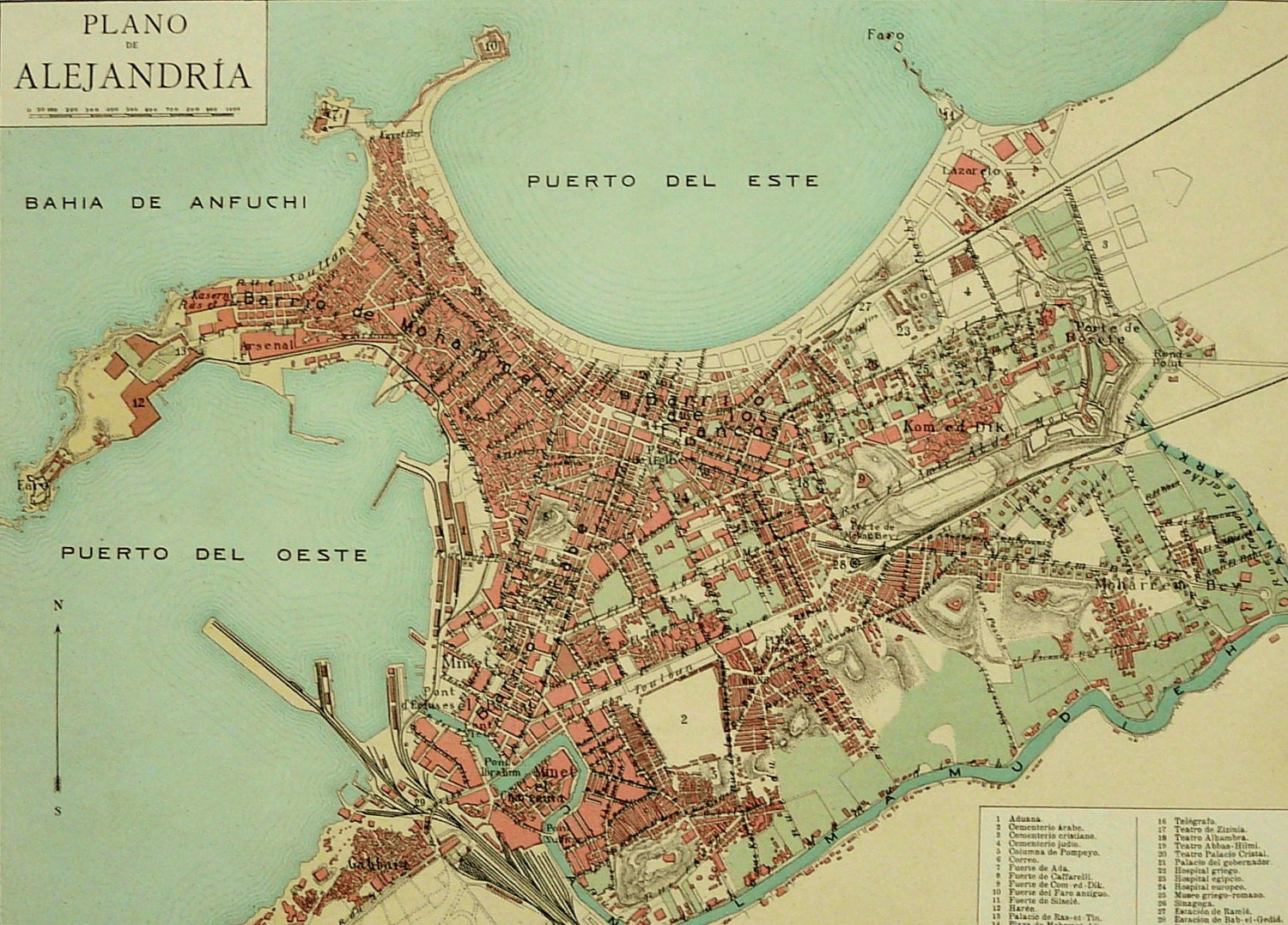 1900 Antique city map of ALEXANDRIA EGYPT. 114 years old map.