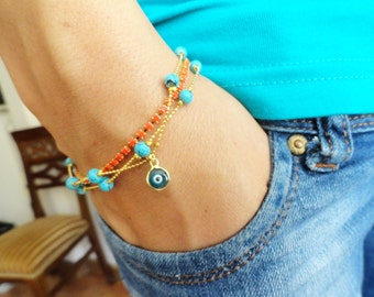 Evil eye bracelet with turquoise natural beads and orange bead chain ...