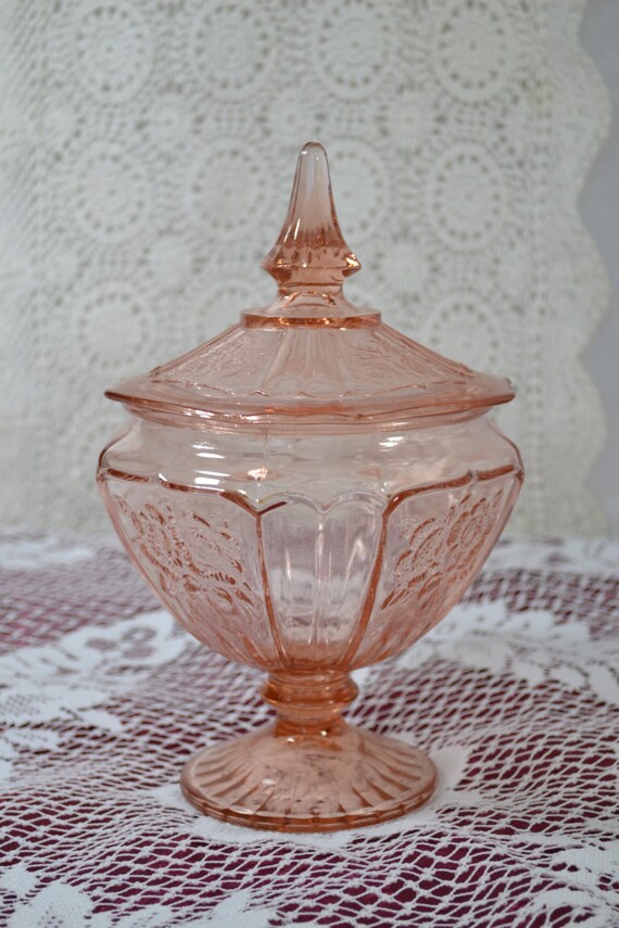 Pink Depression Glass Mayfair Rose Covered Candy Dish