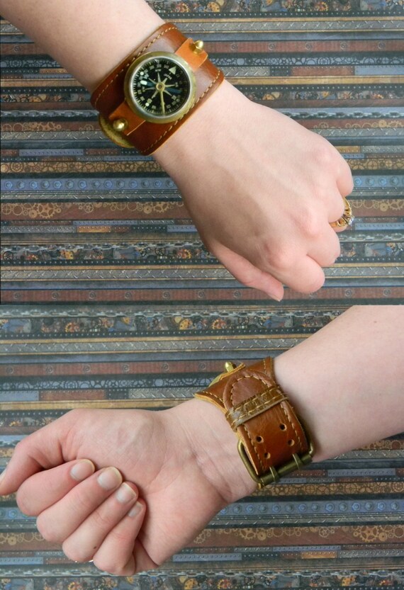 Vintage Brass Wrist Compass On Soft Leather Steampunk Style