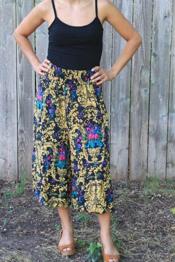 Items similar to Gold w/ 80's pattern coolots/gaucho pants on Etsy