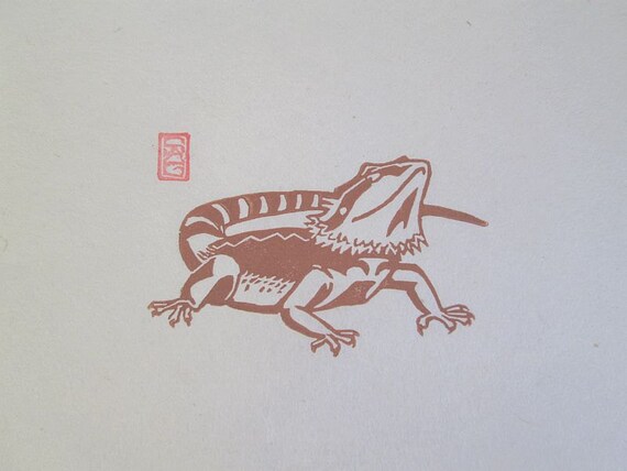 Smug Bearded Dragon Lino Block Print Lizard Art