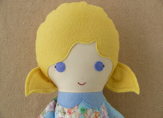 Fabric Doll Rag Doll Blond Girl In Pastel Blue Floral Dress