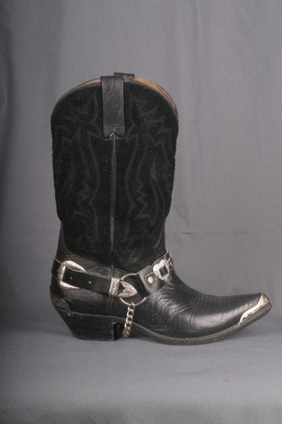Cowboy Boots Black Silver Metal Hardware Chain Top western
