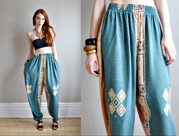 Vtg 80s Ethnic Batik Print Harem Pants Huge Parachute Pants