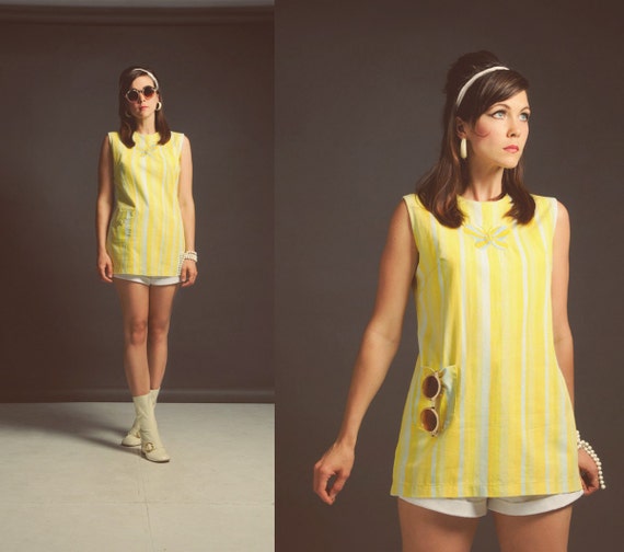 1960s mini mod go-go dancer dress bright lemon yellow and