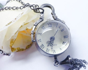 Double Sided Glass Bubble Pocket Watch with 28 Inch Brass Curb