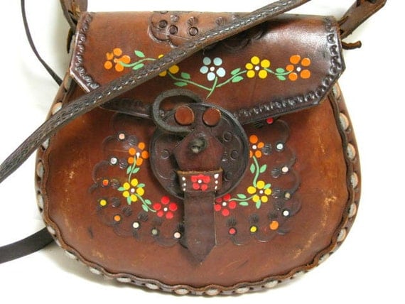 Vintage 70s Brown Hand Tooled Leather Hippie Purse