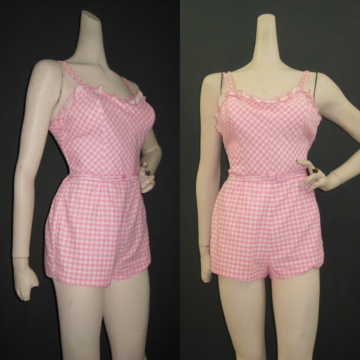 50s 60s Swimsuit Vintage Jantzen Pink Gingham Playsuit Romper