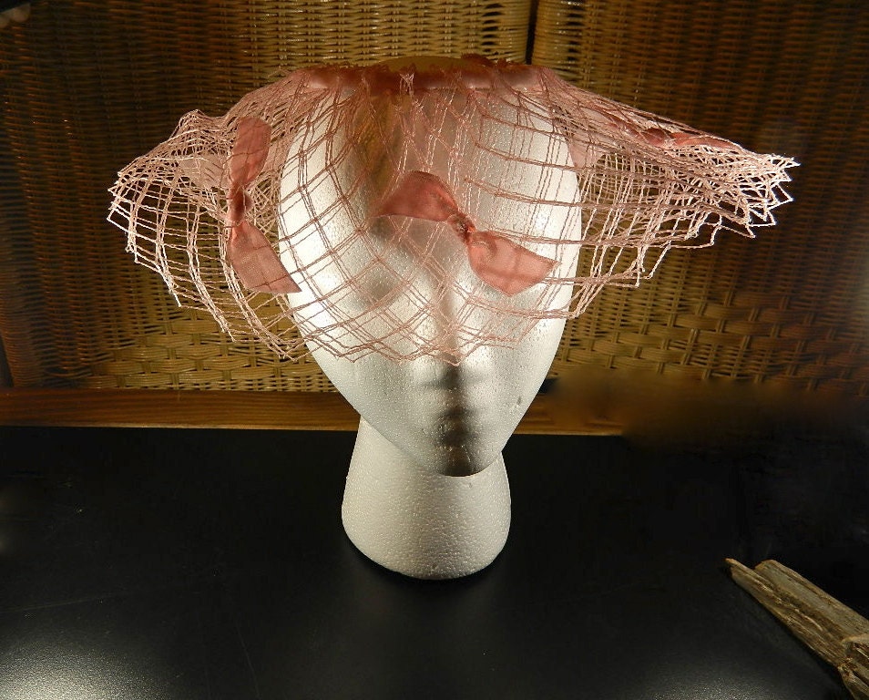 Vintage Hat, Sassy Pink Veil Circlet Hat with Netting and Bows,:”Pinky Lee”
