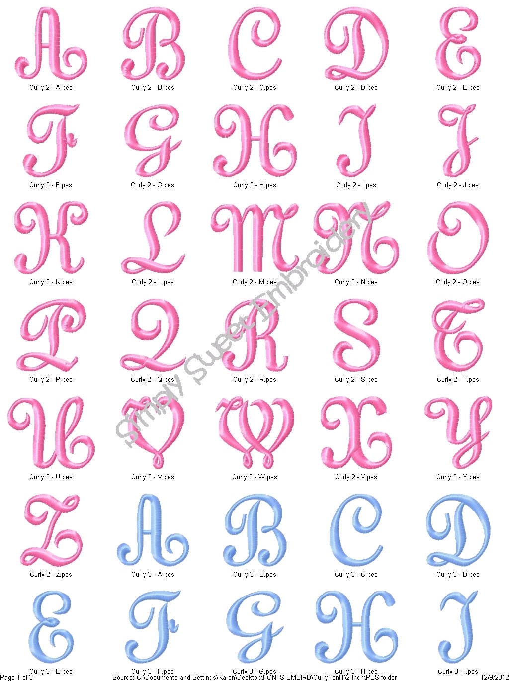 Fancy Curly Font Set 2 sizes Machine Embroidery