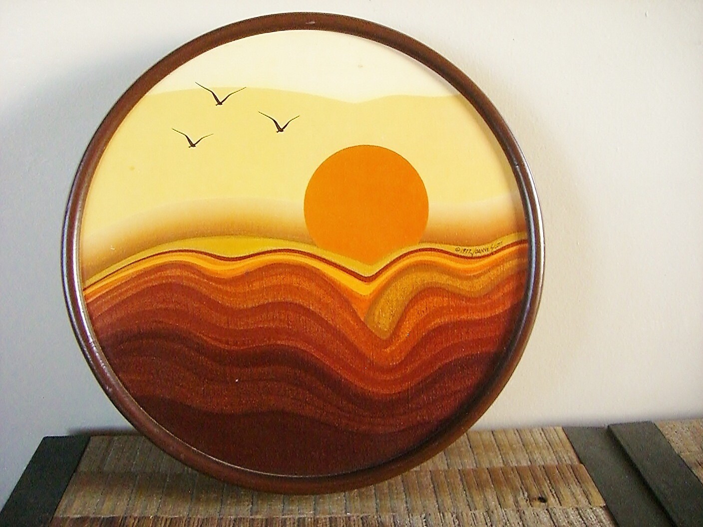 Vintage 70s Joanne Scott Mod Sunset Round Framed Litho