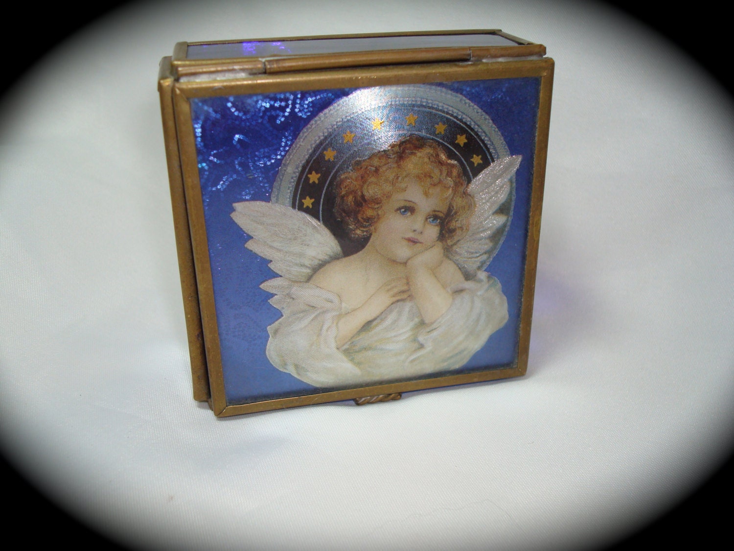 1993 Indigo Blue Glass and Brass Victorian Style Angel Box Thomas ...